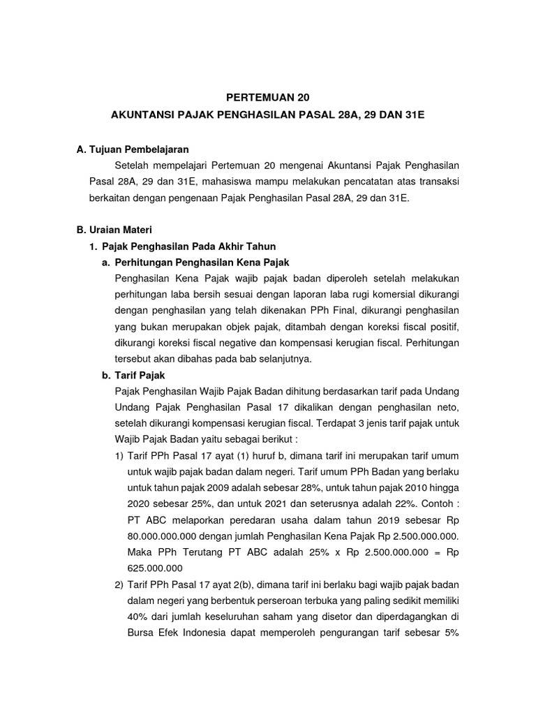 PERTEMUAN 20 - AKUNTANSI PAJAK PENGHASILAN PASAL 28A, 29 Dan 31E | PDF ...