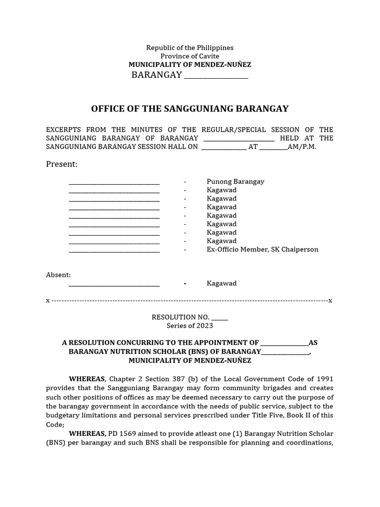 Resolution On The Appointment of Barangay Nutrition Scholar | PDF ...