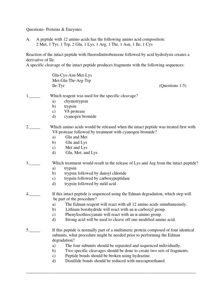 Questions Proteins Enzymes | PDF | Active Site | Proteolysis