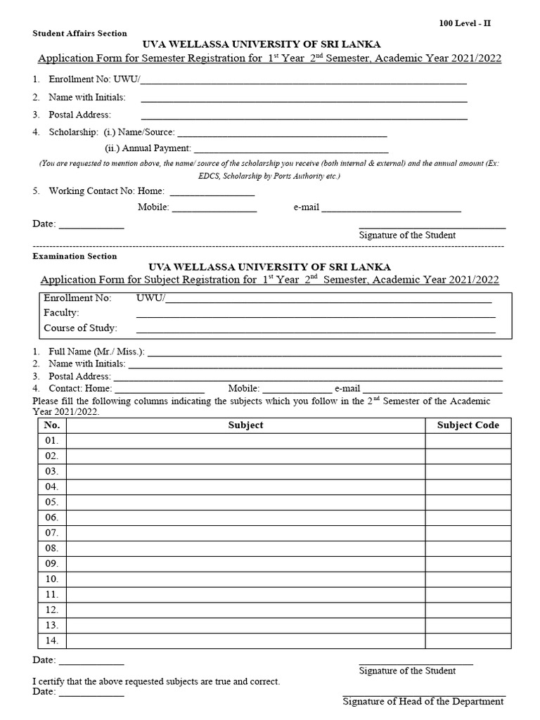 1st Year 2 Sem. Form | PDF