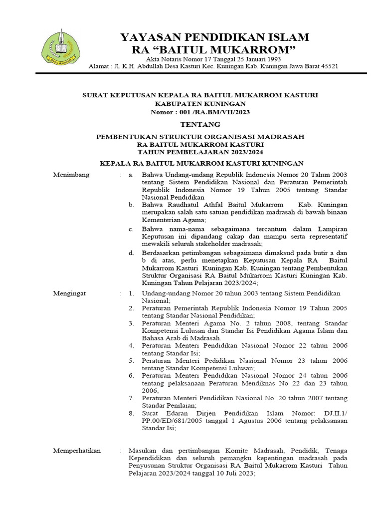 Contoh SK Struktur Organisasi | PDF