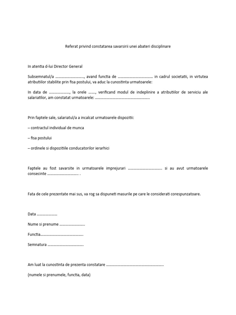 Referat Privind Constatarea Savarsirii Unei Abateri Disciplinare | PDF