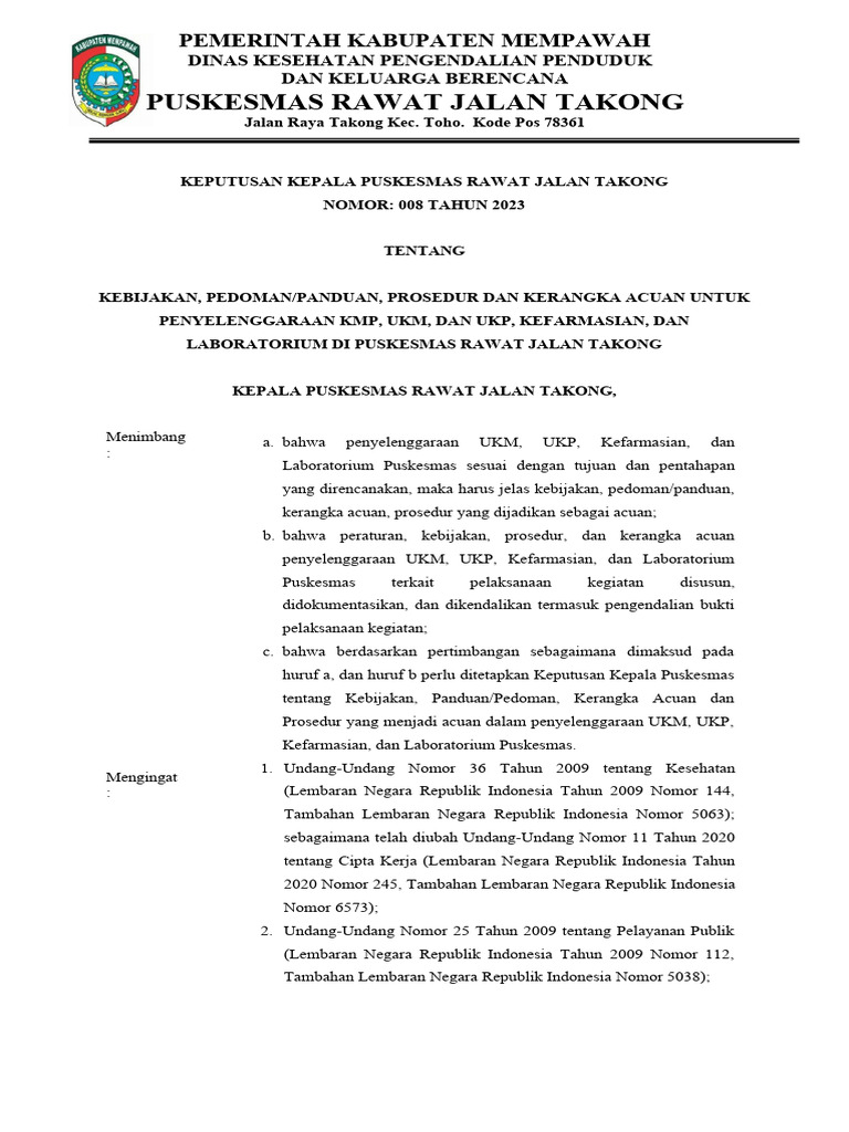 1.2.2.2 SK Ditetapkan Kebijakan, Pedoman Panduan, Prosedur, Dan Kak Untuk KMP, Ukm, Ukp | PDF