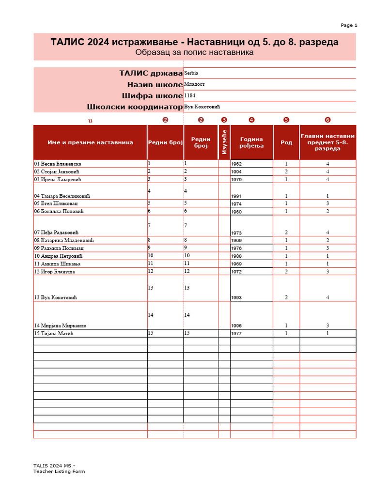 Teacher Listing Form TALIS24 ISCED2 MS 1184 | PDF