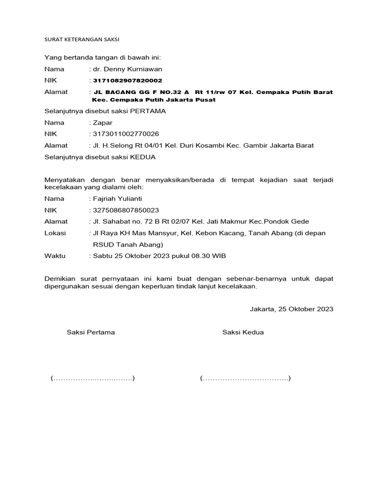 Surat Ket Saksi | PDF