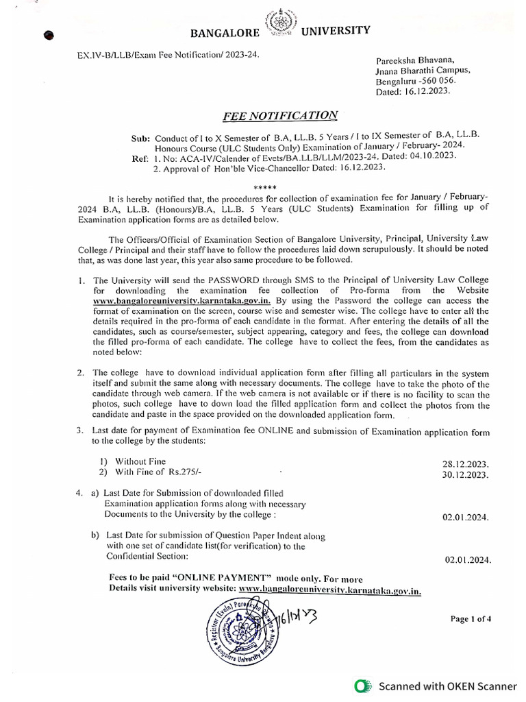 Ba LLB Exam Fee Notification | PDF