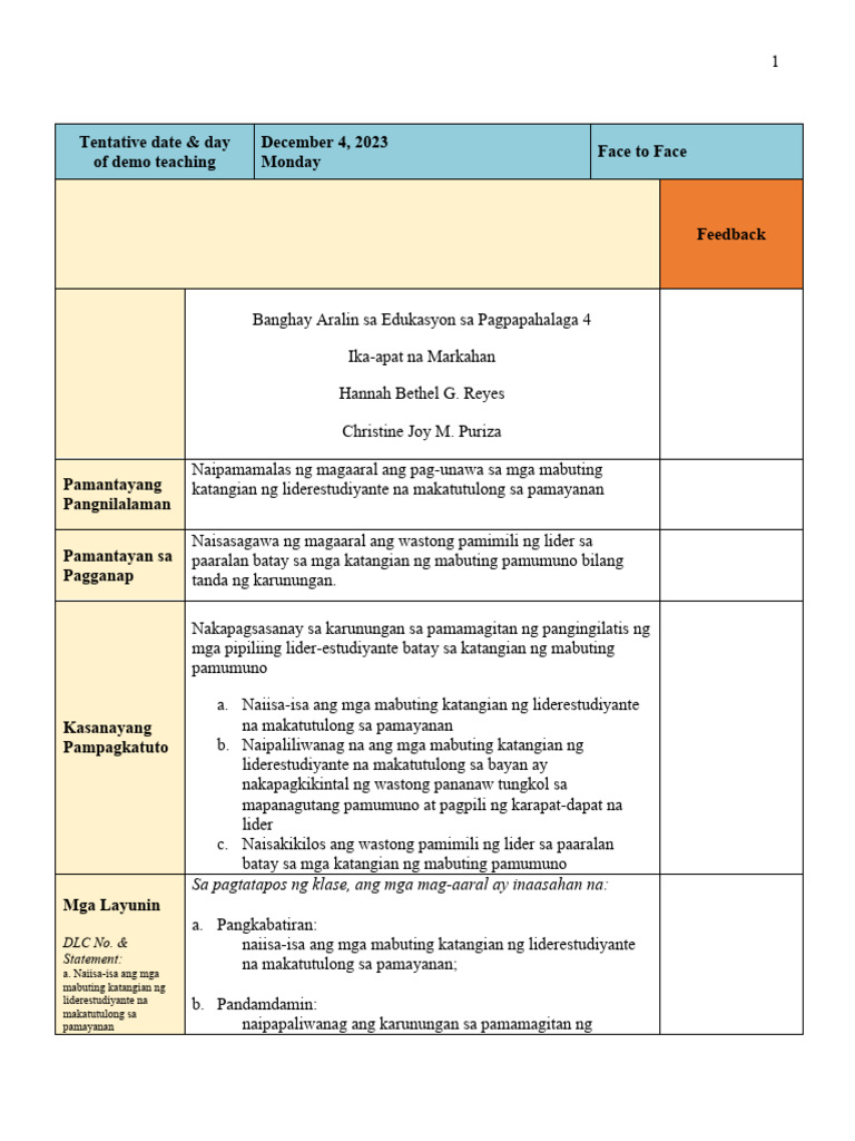 1 f2f Reyes Puriza Lesson Plan | PDF