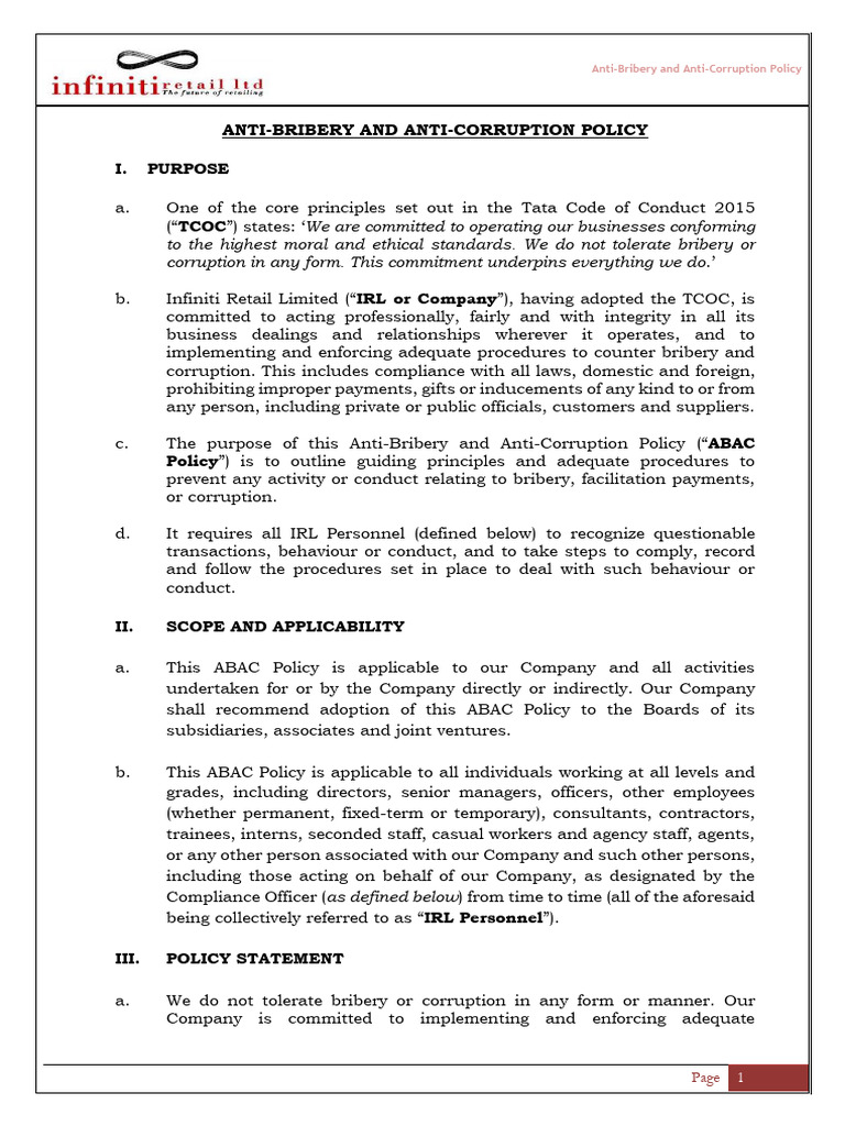 Anti-Bribery Policy for IRL Staff | PDF | Bribery | Corruption
