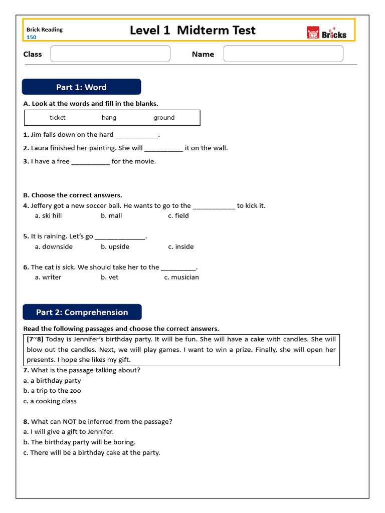 Bricks Reading 150 - L1 - Midterm Test | PDF | Cakes