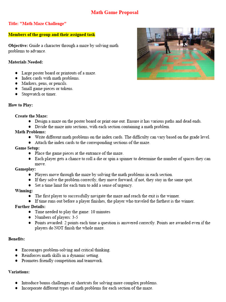 Math Game Proposal | PDF | Home & Garden | Games & Activities