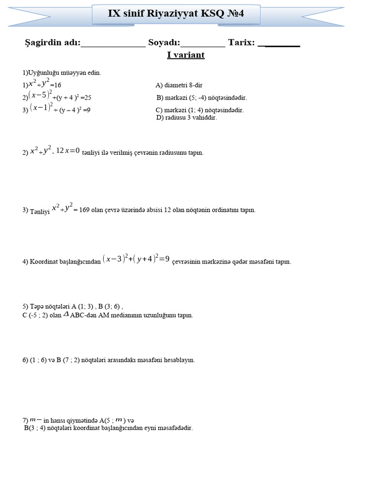 9-Cu Sinif Riyaziyyat KSQ-4 | PDF