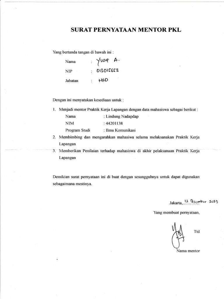 Surat Pernyataan Mentor PKL Mahasiswa | PDF