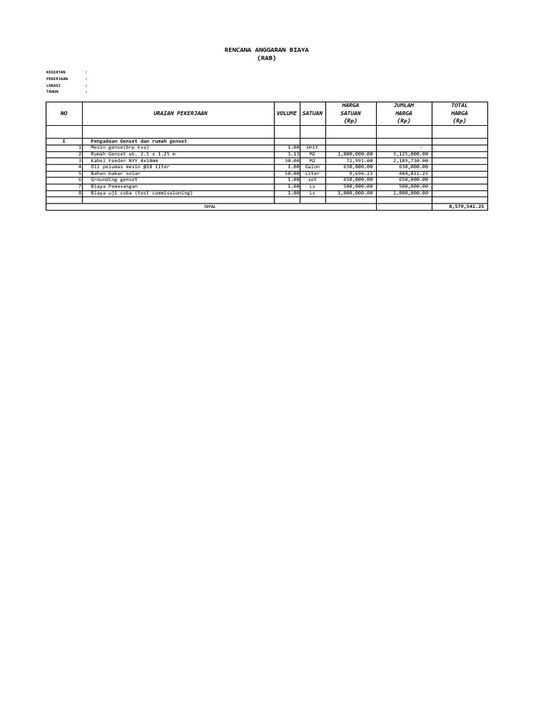 Perhitungan Rab Pemasangan Genset | PDF
