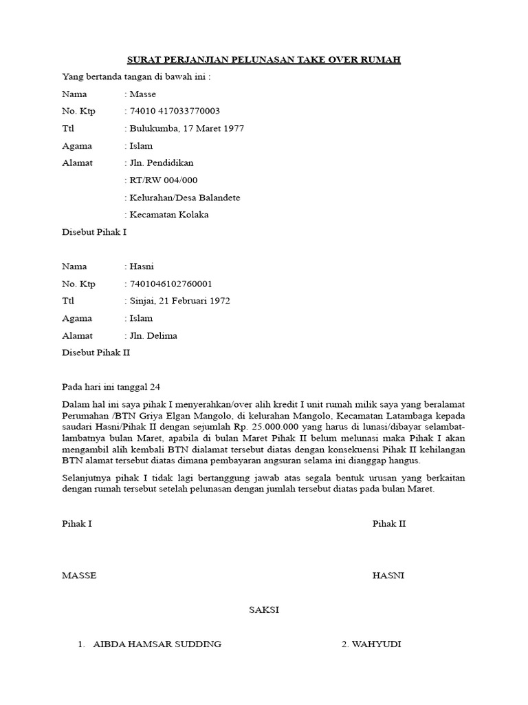 Surat Perjanjian Pelunasan Take Over Rumah | PDF