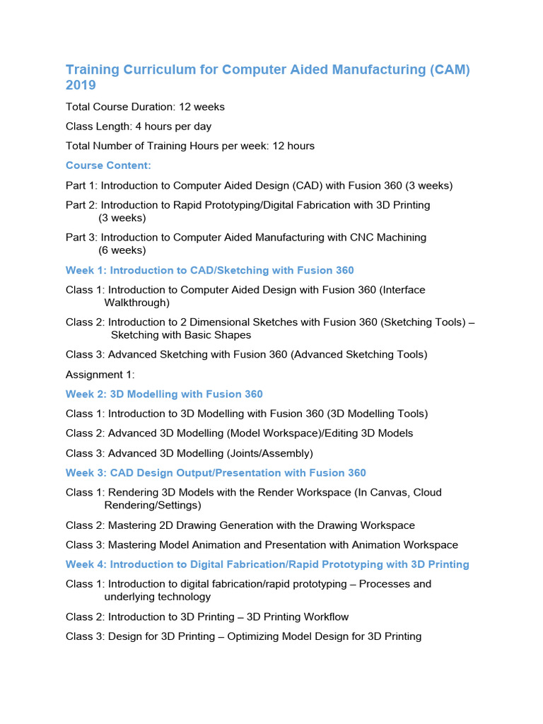 CAM Training Curriculum 2019 | PDF | 3 D Computer Graphics | 3 D Printing