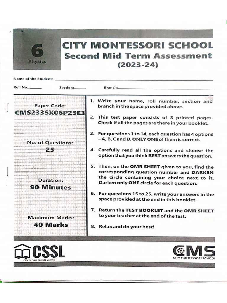 Second Mid Term 2023 - 24 Class 6 Physics | PDF