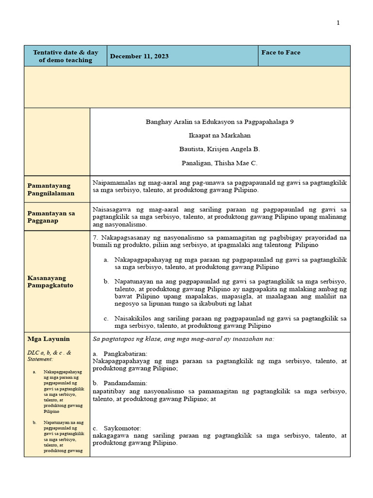 Final Panaligan Pnu 3-12 Lesson Plan | PDF