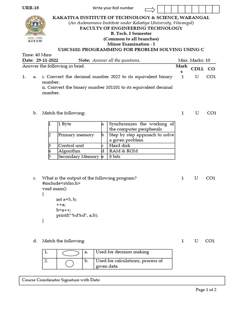 PPSC Me1 2022 23 QP | PDF | Computer Data Storage | Algorithms
