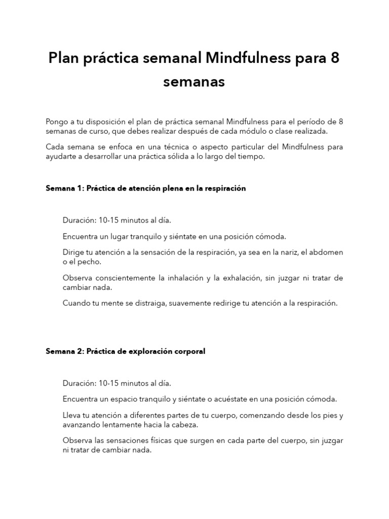 Plan Práctica Semanal Mindfulness para 8 Semanas | PDF | Sicología