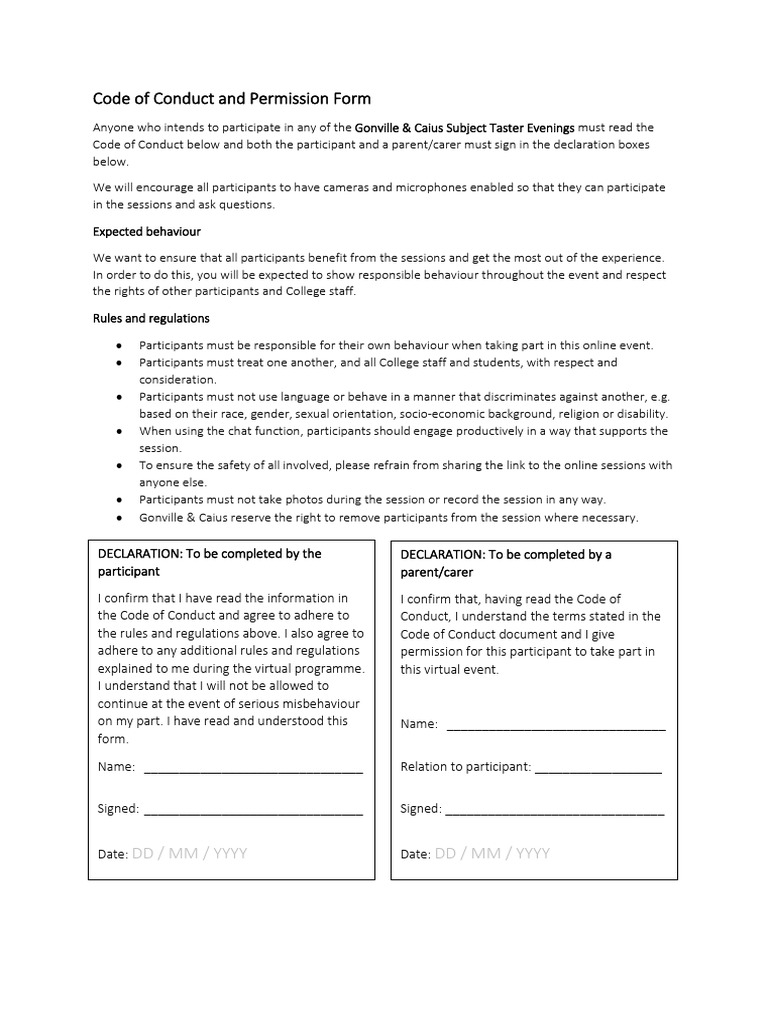 Code of Conduct Form For Taster Evening | PDF