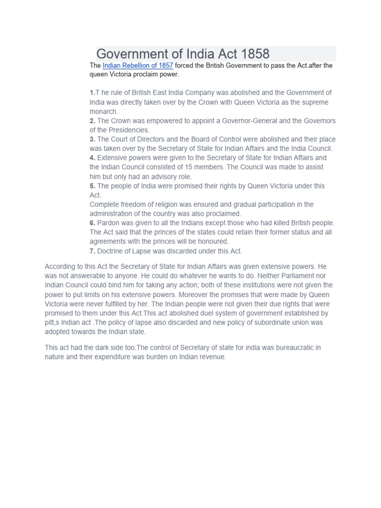 Government of India Act 1858 | PDF | Politics