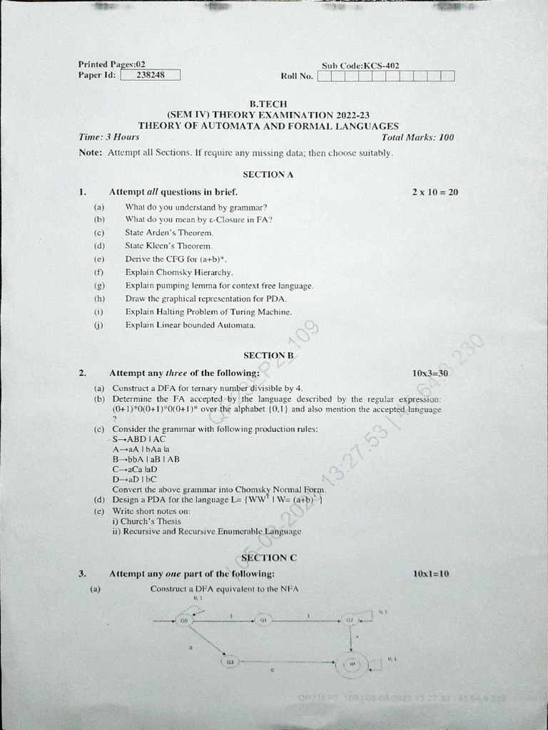 Theory of Automata and Formal Language Kcs 402 2022 | PDF