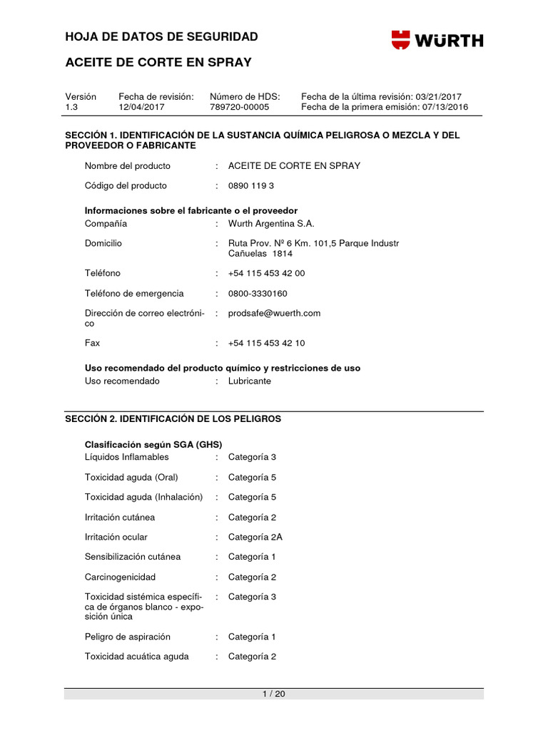 Hoja de Seguridad Aceite de Corte Wurth | PDF | Toxicología ...