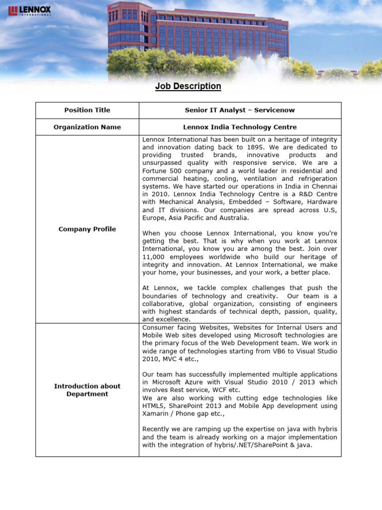 JD - Service Now | PDF | Share Point | World Wide Web