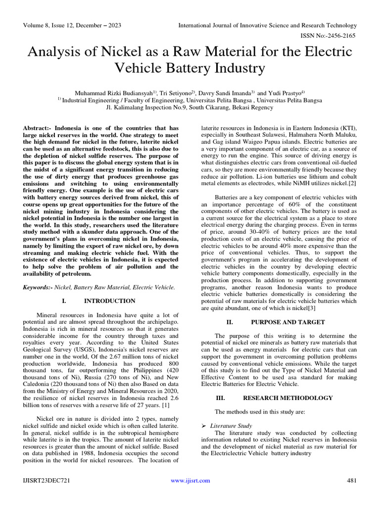 Analysis of Nickel As A Raw Material For The Electric Vehicle Battery ...