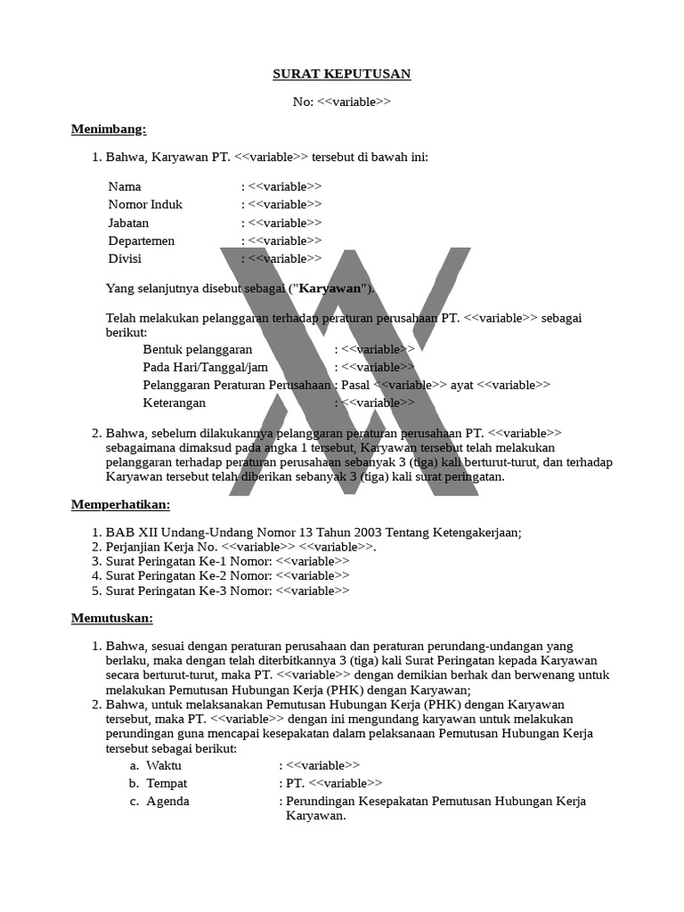 Surat Keputusan Pemutusan Hubungan Kerja (PHK) | PDF