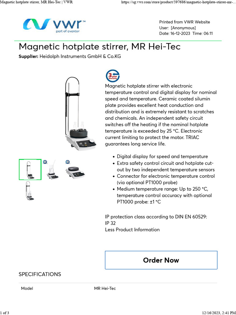 Magnetic hotplate stirrer, MR Hei-Tec VWR | PDF | Electric Generator ...