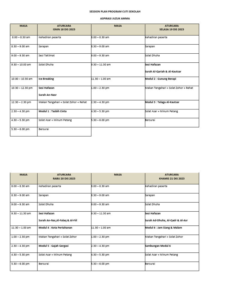 Session Plan Program Cuti Sekolah | PDF