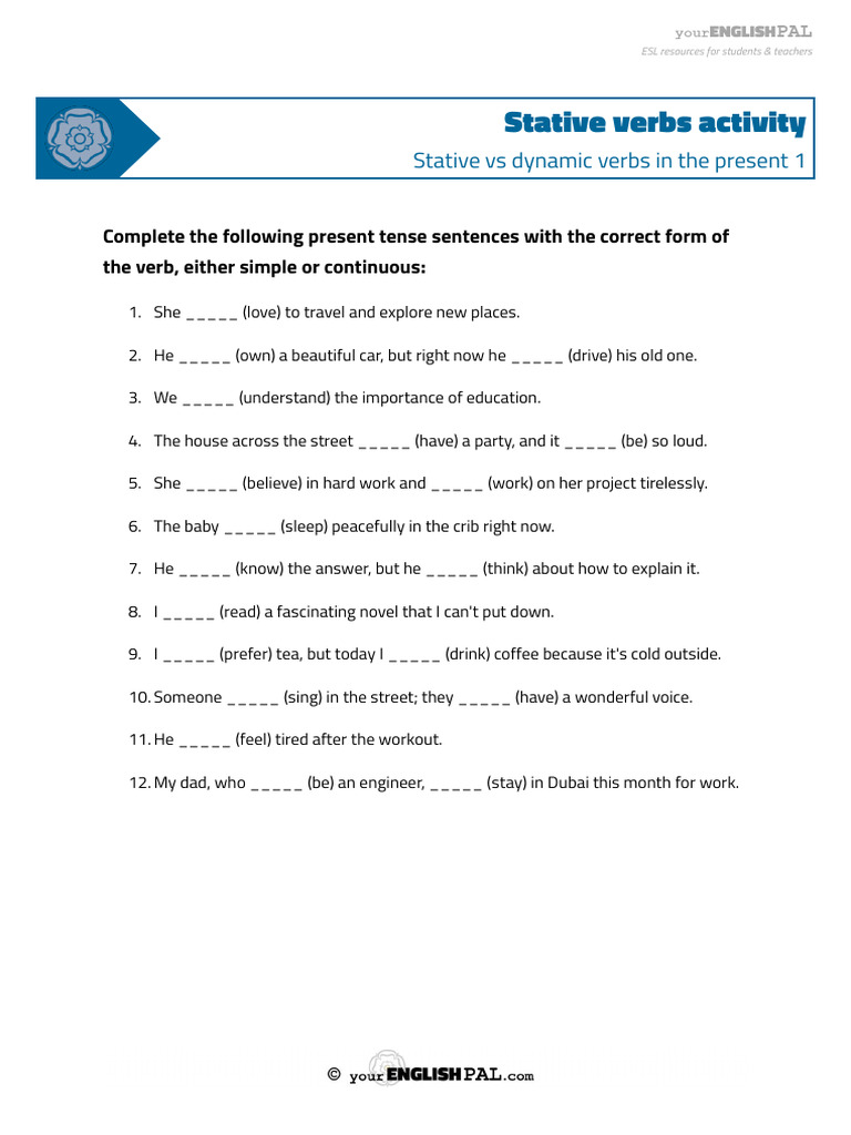 Your English Pal Grammar Worksheet Stative Vs Dynamic Verbs Present 1 | PDF