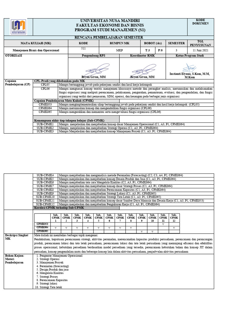 511 243 RPS Manajemen Bisnis Dan Operasional | PDF