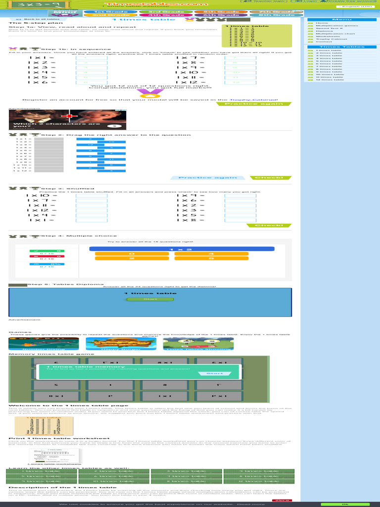 1 Times Table Practice and Games | PDF | Cognition