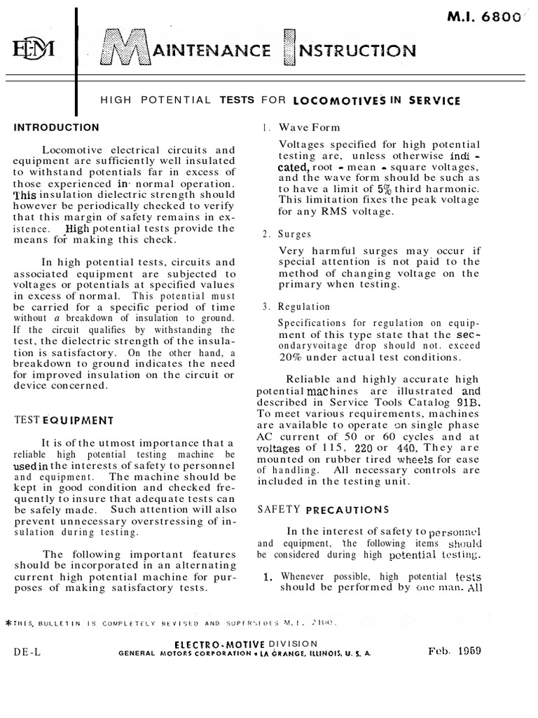 High Potential Tests For Locomotives in Servlce: Electro-Motive ...