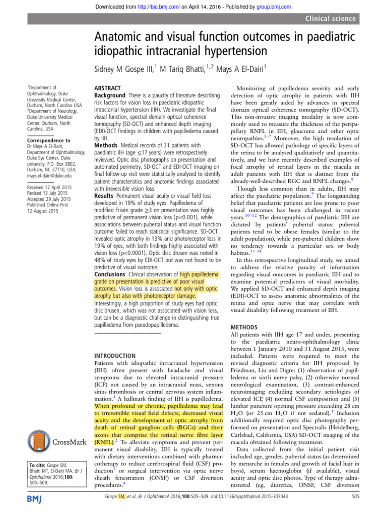 Anatomic and Visual Function Outcomes in Paediatric Idiopathic ...