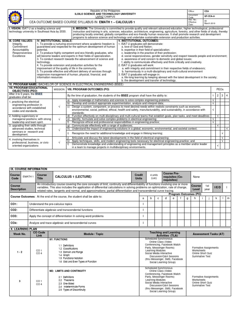 1.) EMATH 1 - Calculus 1 OBE Course Syllabus | PDF | Art