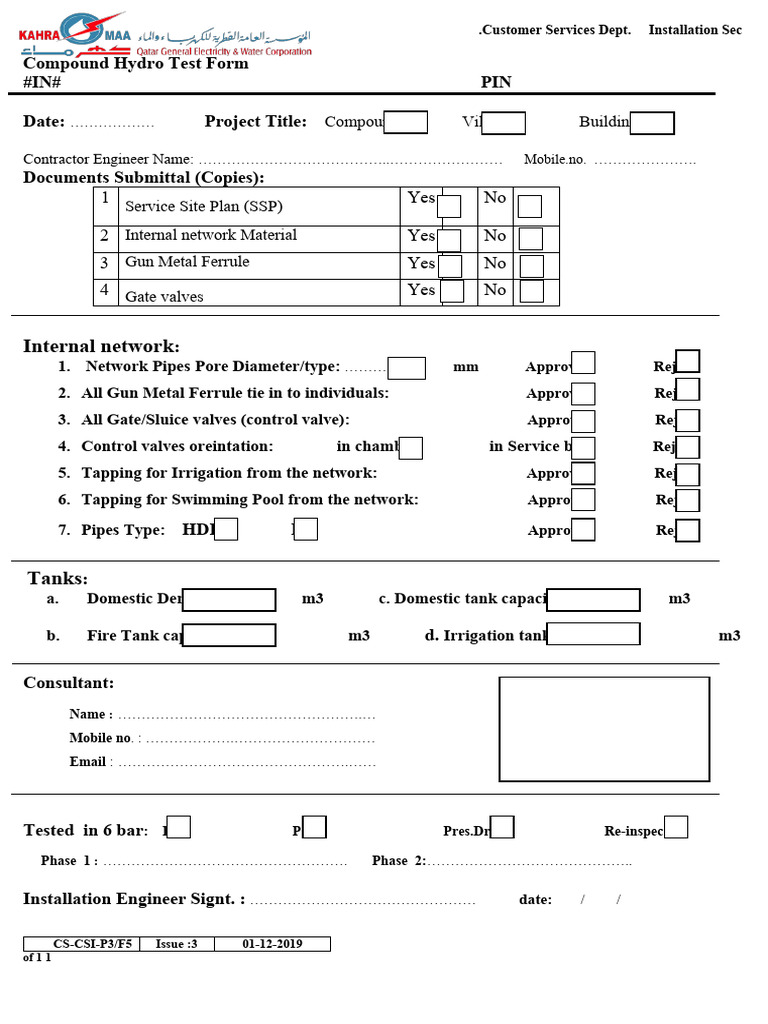 Hydro Test Form for Engineers | PDF