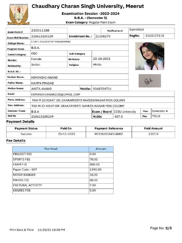 Student Exam Form PDF | PDF