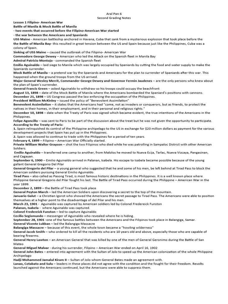 Aral Pan 6 Notes Second Grading | PDF | Wars Of Independence | Conflicts