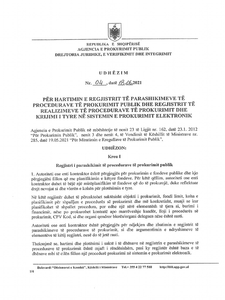 Udhezimi Nr. 04 Date 18.06.2021 Regjistri I Parashikimeve | PDF