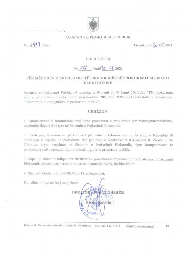Udhezim Nr. 07 Date 30.07.2021 Prokurimi Me Mjete Elektronike | PDF