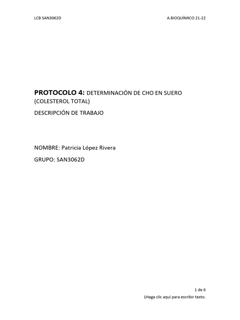 Protocolo 4 Determinación de Cho en Suero | PDF | Colesterol | Lipoproteínas de baja densidad