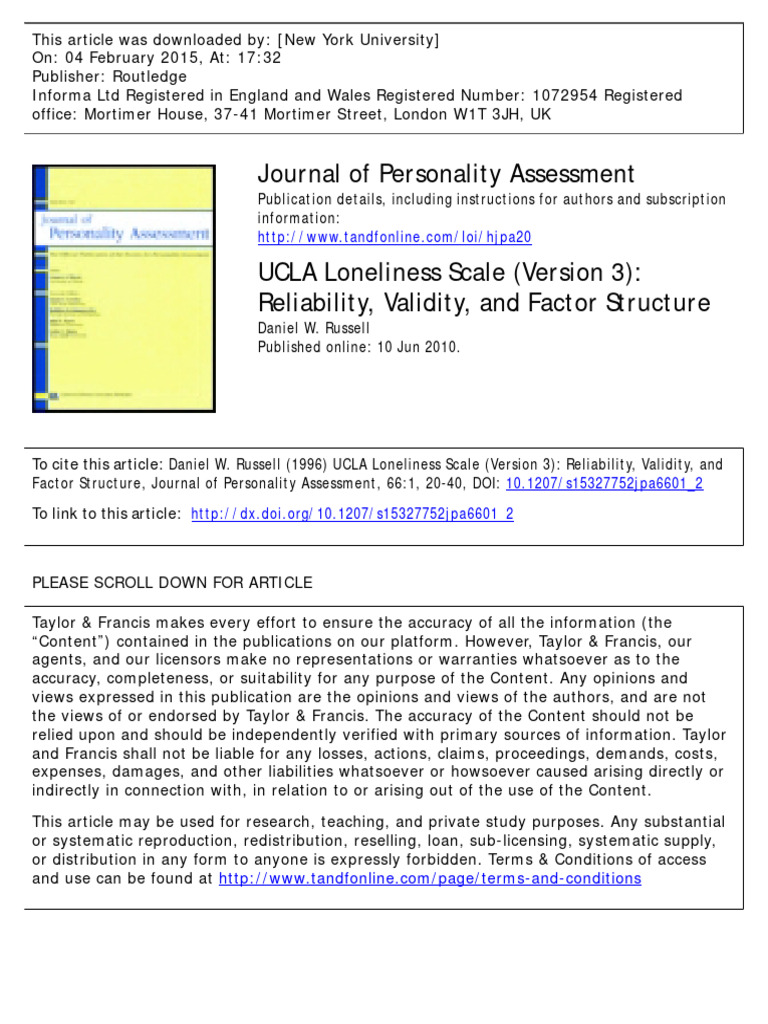 Ucla Loneliness Scale Version 3 Reliability Validity And Factor Structure Pdf