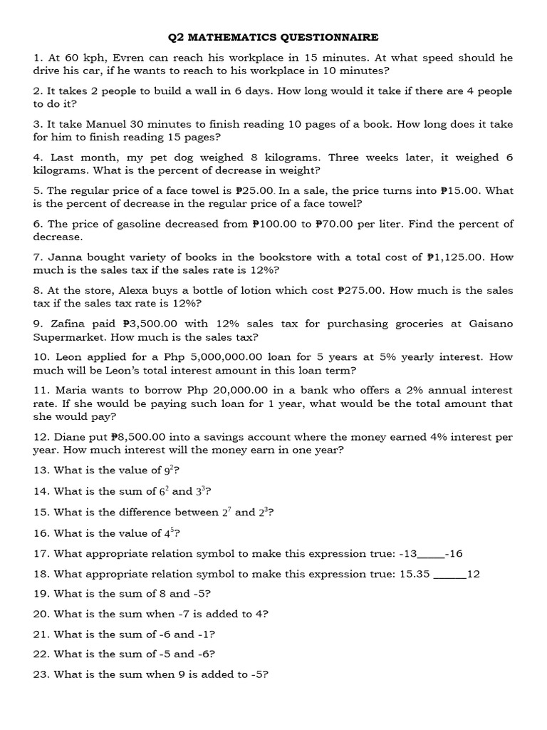 q2 Mathematics Questionnaire | PDF | Games & Activities | Social Science