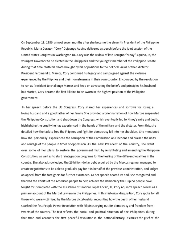 Cory Speech | PDF | Corazon Aquino | President Of The Philippines