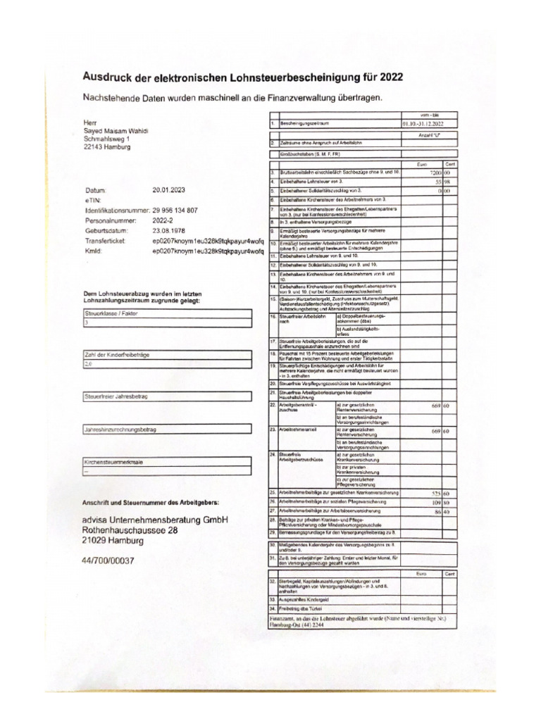 Ausdruck Der Elektronischen Lohnsteuerbescheinigung Für 2022 | PDF