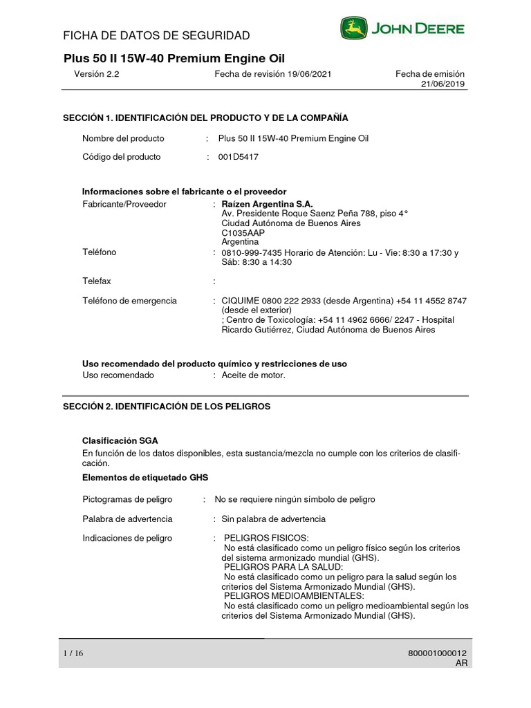 MSDS - Plus 50 II 15W-40 Premium Engine Oil - Actualizada | PDF ...