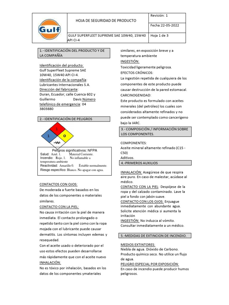 MSDS - GULF SUPERFLEET SUPREME SAE 10W40, 15W40 API CI-4 - Actualizada ...